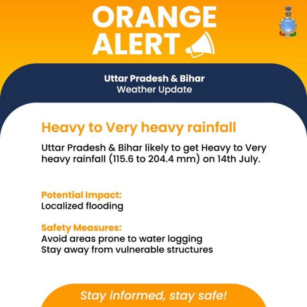 IMD Issues Orange Alert: Heavy Rainfall Expected In Uttar Pradesh & Bihar Today.